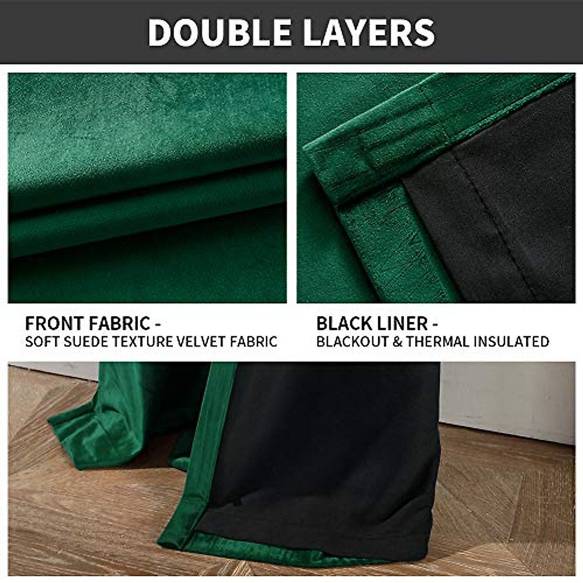 Melodieux 100% Blackout Velvet Curtains for Bedroom Living Room - Super Soft - Thermal Insulated Drapes with Black Liner, 52 by 84 Inch, Green (2 Panels)