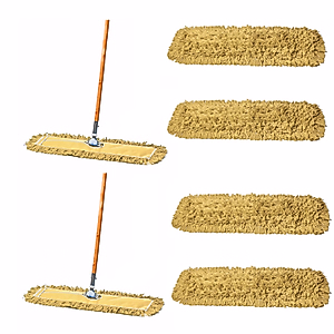 24 Inch Yellow Dust Mop with Wood Handle and 24 Inch Dust Mop Refill Bundle - 2 Mop Sets and 4 Refills