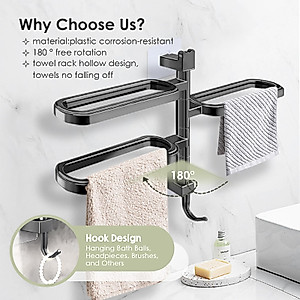 Pysrych No Drill Swivel Towel Rack Wall Mounted 3-Arm Towel Bar ABS Self-adhesive Towel Holder with Hook for Bathroom Shower Kitchen Black