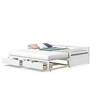 DORTALA Twin to King Daybed with Trundle and 2 Storage Drawers, Modern Extendable Daybed with Pull Out Bed Twin, Dual-use Sofa Bed for Bedroom, Guest Room, Living Room, No Box Spring Required, White