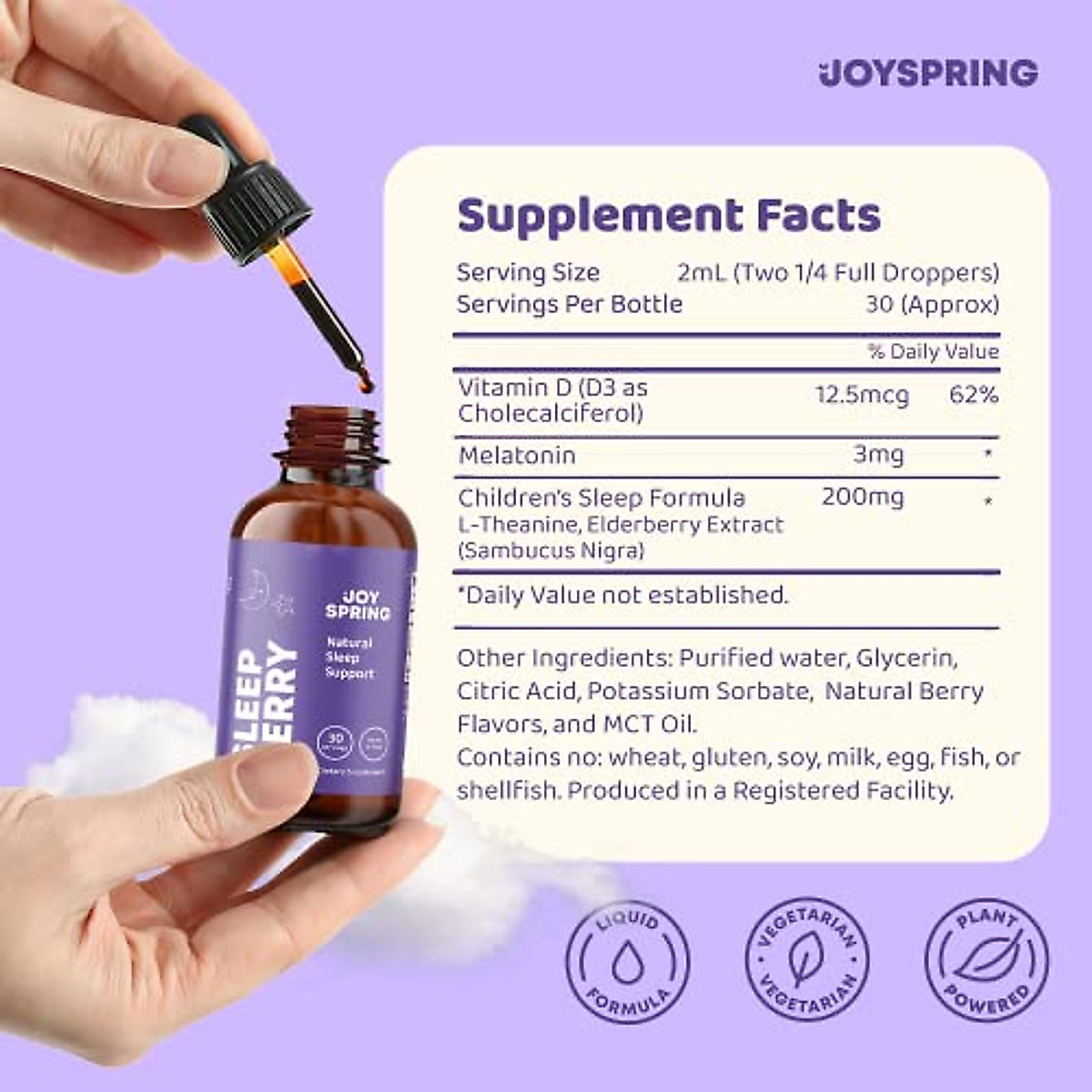 JoySpring SleepBerry Melatonin for Kids with Elderberry - Liquid Melatonin for Kids Sleep Support - Natural Children Melatonin Liquid with Vitamin D - Melatonin for Kids Liquid - Toddler Melatonin