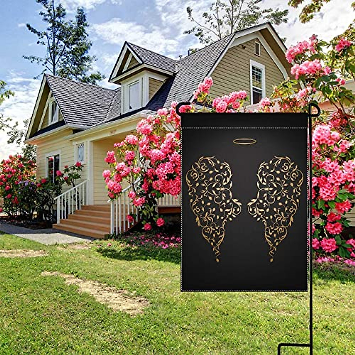 Uanvaha Golden Wings Garden Flags 12.5X18 Double Sided Halo Heart on The Black Background Abstract Angel Small House Flag Outdoor Home Patio Lawn Farmhouse Decor