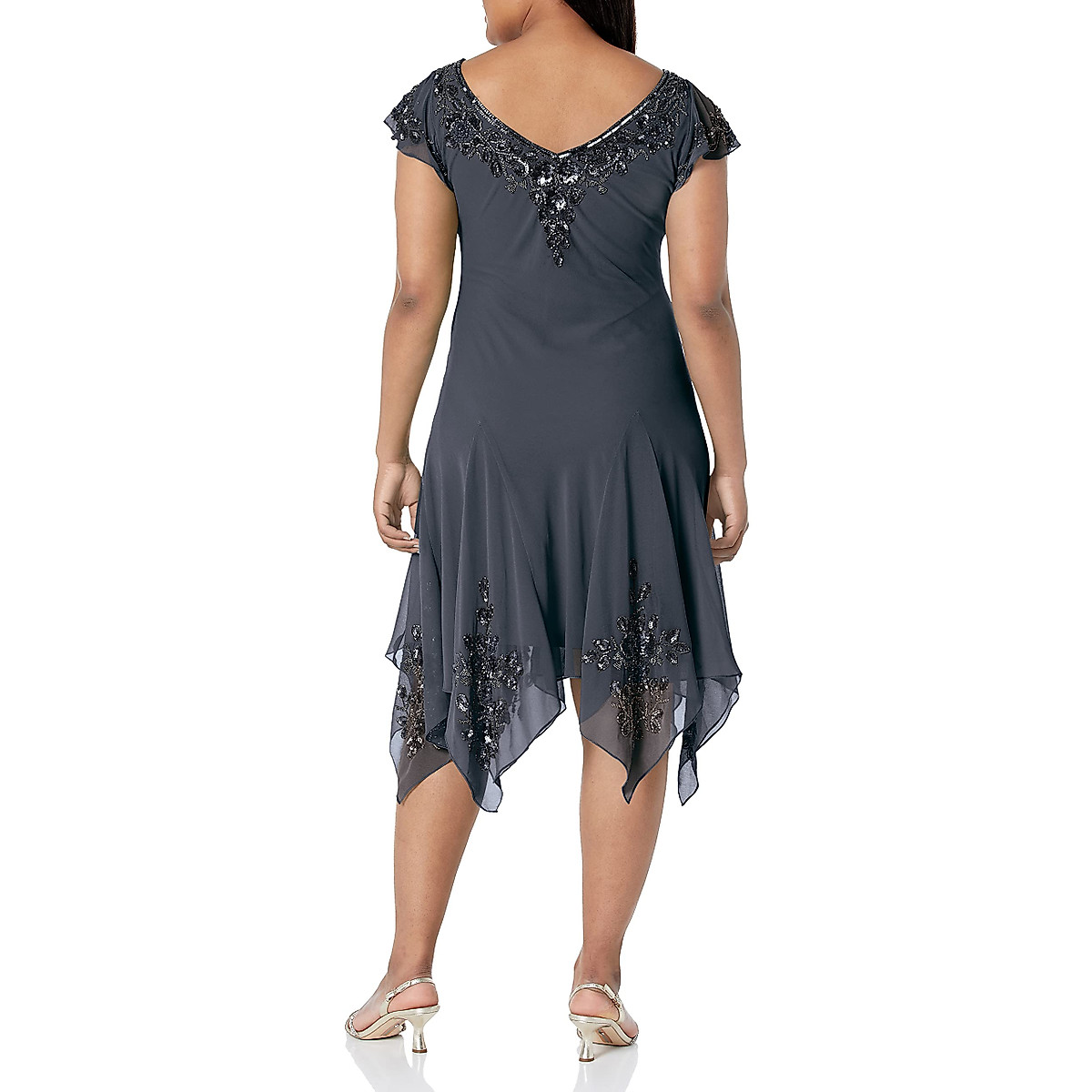 J Kara Women's Flutter Sleeve Hanky Hem Short Cocktail Beaded Dress, Grey/Black/Mercury, 14