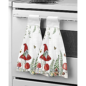 Mushroom Gnomes Hanging Kitchen Towels Set of 1, Hand Towels with Loops, Spring Floral Teal Botanical Water Absorbent Dish Cloth Tie Towels Tea Bar Towels Hand Towels for Bathroom