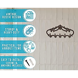 Cast Iron Wall Mounted Hanger – Vintage Design with 5 Hooks - For Keys, Towels, Robes, Clothes and More - Wall Mounted, Metal, Heavy Duty, Rustic, Vintage, Decorative Gift Idea - 12.6x5.9” | Brown