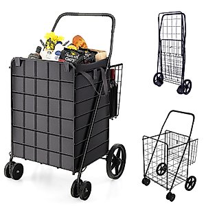 Goplus Folding Shopping Cart for Groceries, Upgraded Jumbo Grocery Cart with Waterproof Liner, 32 Gallon Capacity, 360° Rolling Swivel Wheels and Double Basket, Heavy Duty Foldable Utility Cart