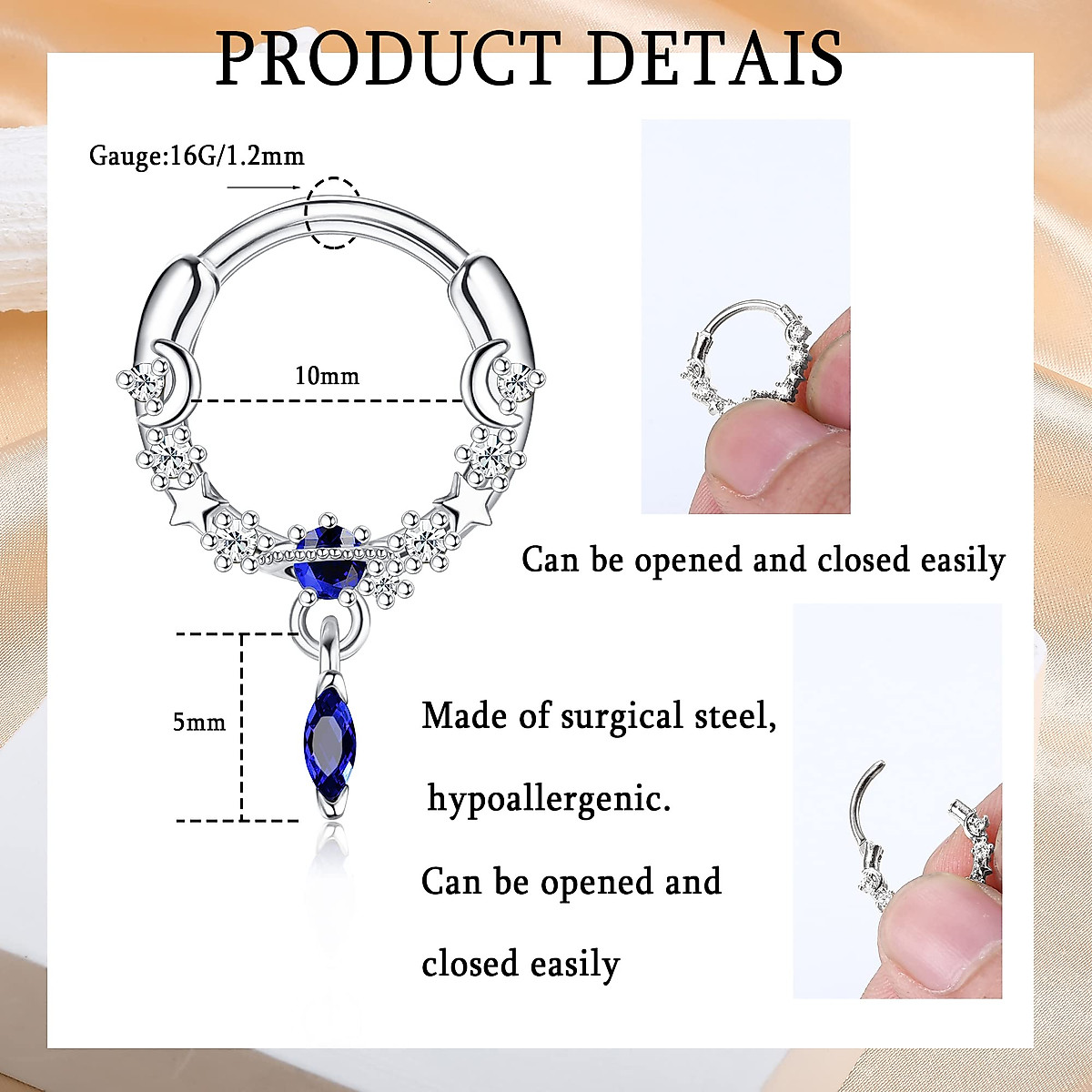 YADOCA 16G Septum Rings Dangle Septum Clicker Piercing Jewelry Hypoallergenic 316L Surgical Steel Blue Planet Star Moon Teardrop Clear CZ Dangly Nose Ring Daith Helix Earrings Piercing Jewelry for Women Men 10MM