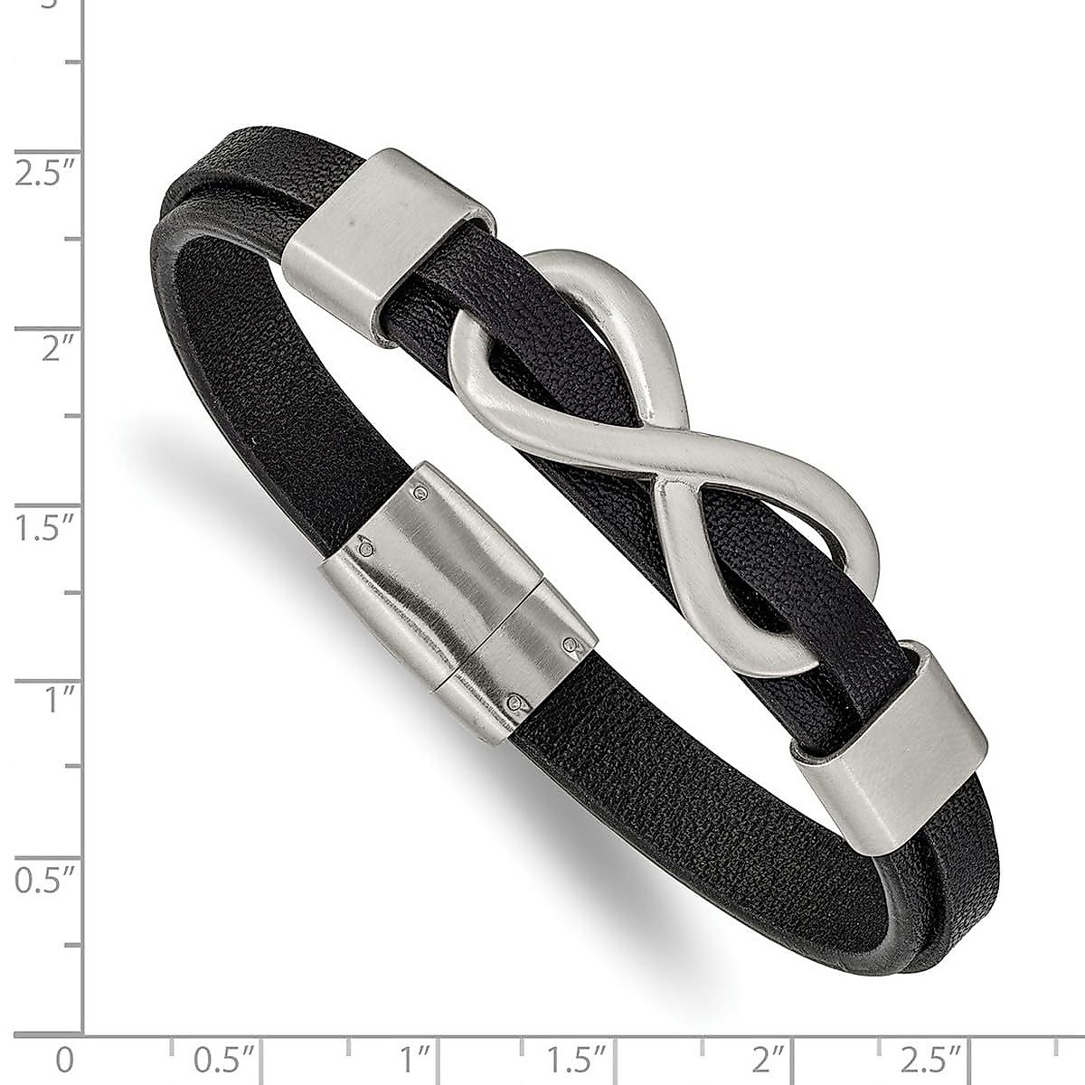 9.2mm Chisel Stainless Steel Brushed and Polished Infinity Symbol Black Leather Bracelet 8 Inch Jewelry for Women