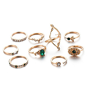 YERTTER Men 9 pcs Vintage Gold Ring Set Green Gem Rings Set Craved Rings Set Joint Knuckle Ring Set Finger Rings Stackable Retro Mid Rings for Women and