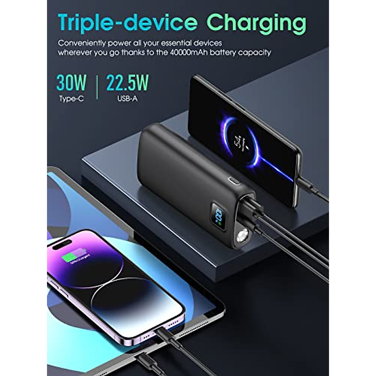 Portable-Charger-Power-Bank - 40000mAh Power Bank PD 30W and QC 4.0 Quick Charging Built-in LED Display 2 USB 1Type-C Output Compatible with Most Electronic Devices on The Market