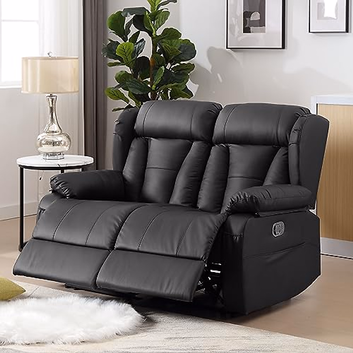 AHMED RV Loveseat Recliner Sofa, Faux Leather Home Theater Seating with Removable Armrest for Adults, Manual Double Recliner Chair with Cup Holders/Side Pockets for Living Room (Black)