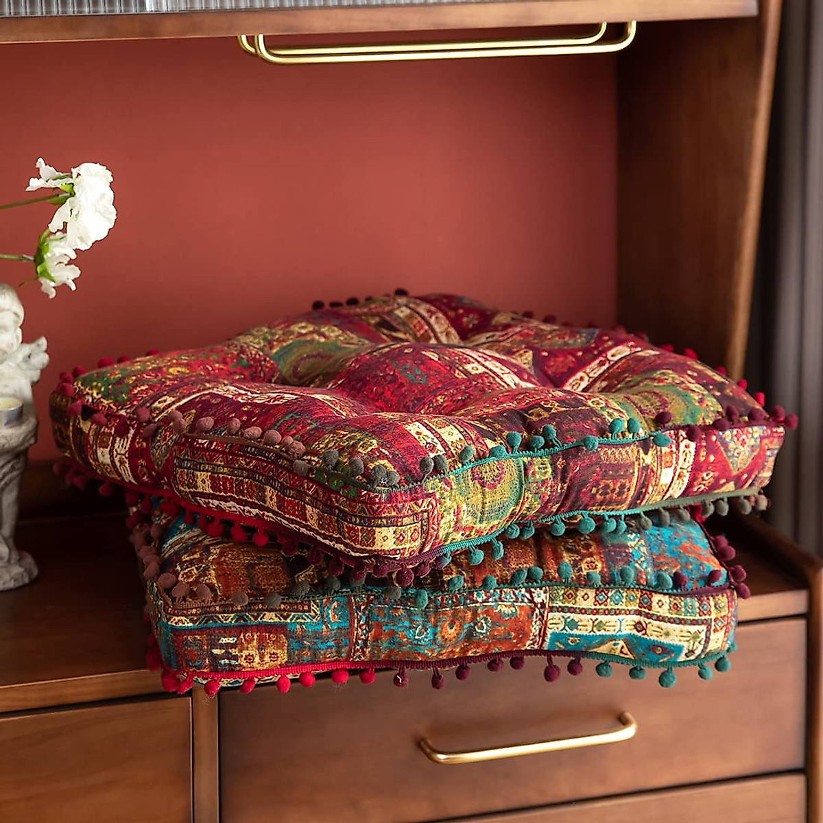 vctops Christmas Red Bohemian Patchwork Square Chair Seat Cushions for Dining Kitchen Office Chairs Patio Soft Cotton Linen Chair Pads (Red,16"x16")