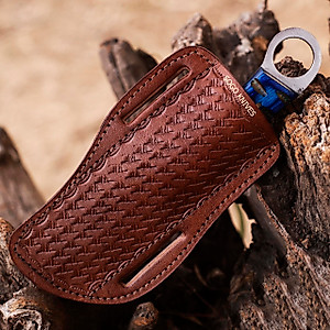 Leather Knife Sheath, Slanted Pancake Sheath, Tooled Leather Sheath, Belt Sheath, Beautiful Cow Boy Bull Cutter Knife Leather Sheath 100% Real Leather and Exotic Cow Hide Sheath (Brown)