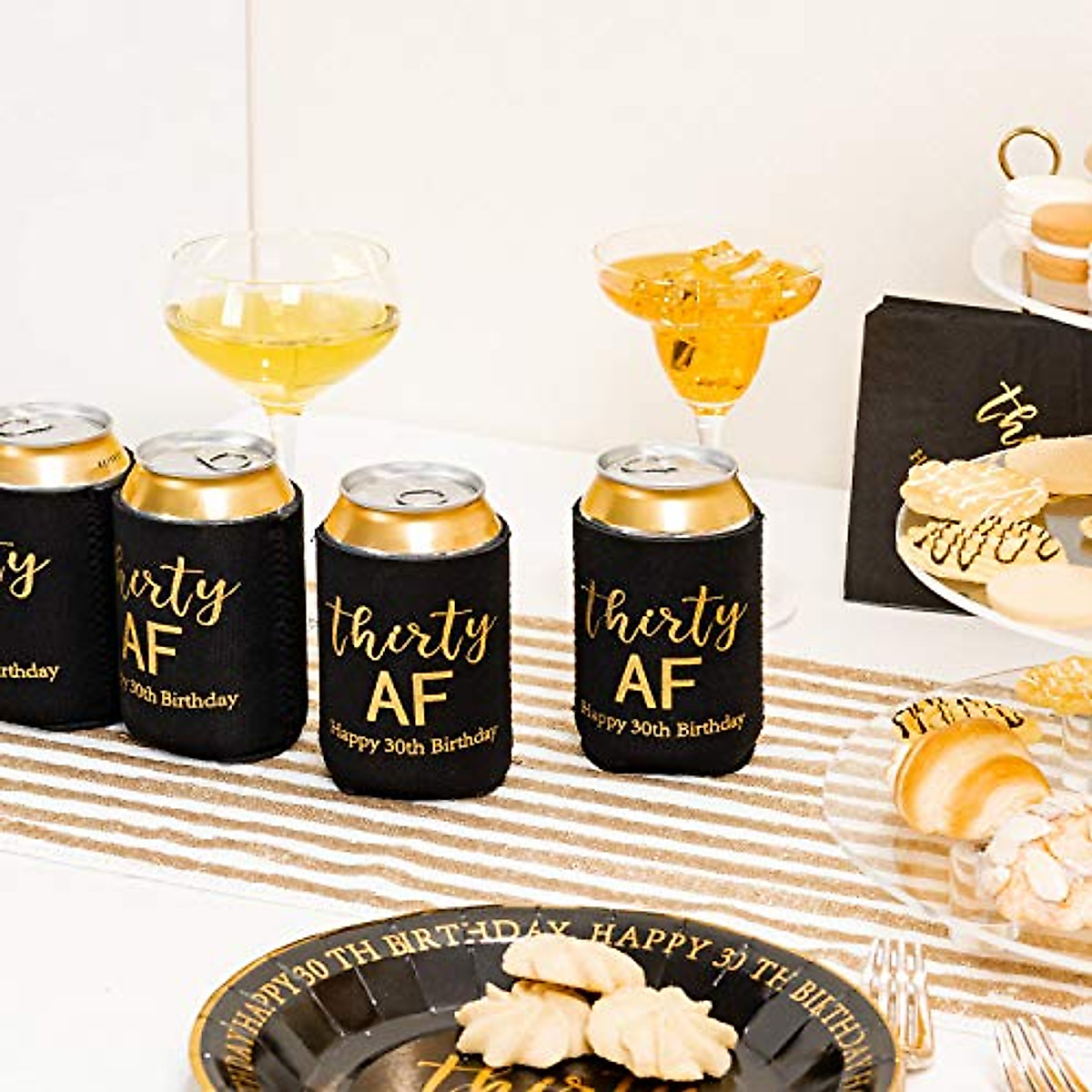 Crisky Thirty Can Cooler, 30th Birthday Decorations Beer Sleeve Party Favor, Can Covers with Insulated Covers, 12-Ounce Neoprene Coolers for Soda, Beer, Can Beverage, 12 Black Gold