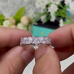 LRESJJIUJ Eternity Ring Wedding Bands18K White Gold Plated Row Emerald Cut Triangle Shape Wedding Diamond Band Rings (US Code 7)
