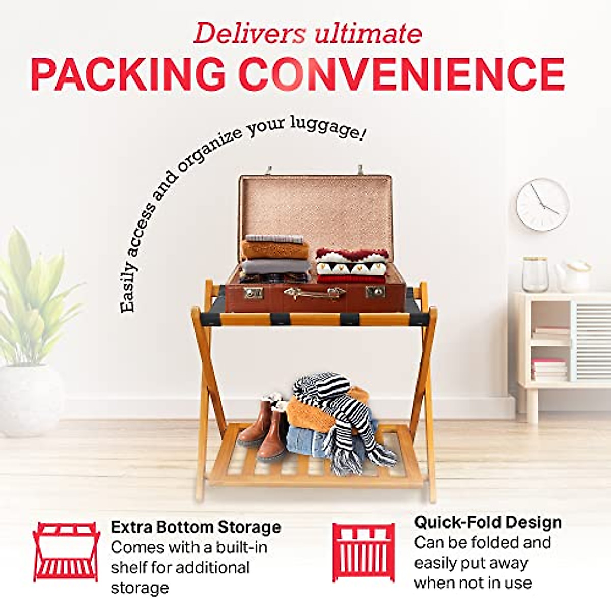 Stony Edge Folding Luggage Rack | Honey Oak Wood Finish, 27x16x22 Inches | Perfect for guest room with Extra Shelf Storage | Suitable for Luggage, Suitcase and Shoes