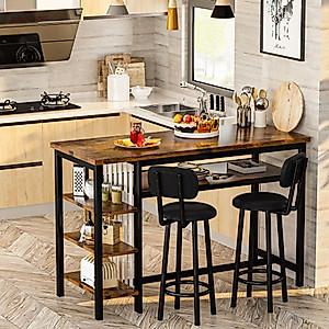 DKLGG 47" Bar Table and Chair Set, Small Kitchen Counter Dining Table Set for 2, 3 Piece Bar Height Table with 2 Stools & Storage, Pub Table Dining Set for Breakfast Nook, Small Space