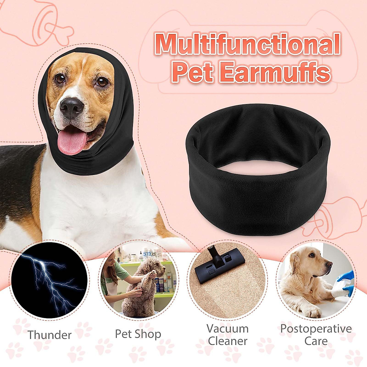 PETWIT Dog Ear Muffs for Noise Protection Dog Hood for Dogs & Cats Breathable Calming Band for Dogs & Cats Head Wrap with Anxiety Relief (Black, Middle)