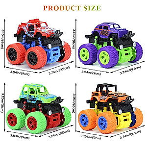LEFEI Monster Truck for Boys 3 4 5 6 7 Year Old,4 Pack Push and Go Friction Powered Car Toys, Double-Directions Inertia Pull Back Vehicle Set,Birthday Party Gift for Kids