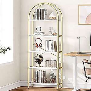 IDEALHOUSE Bookshelf 5 Tier Bookcase Arched Display Racks Tall Standing Bookshelves Metal Frame Modern Storage Rack Shelf Large Wood Book Shelf for Bedroom, Living Room, Home Office, White/Gold