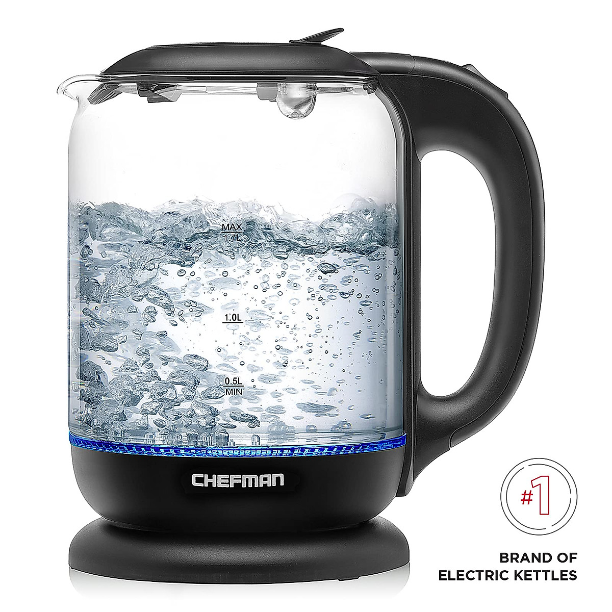 Chefman 1.7 Liter Electric Kettle With Easy Fill Lid, Cordless With Removable Lid And 360 Swivel Base, LED Indicator Lights