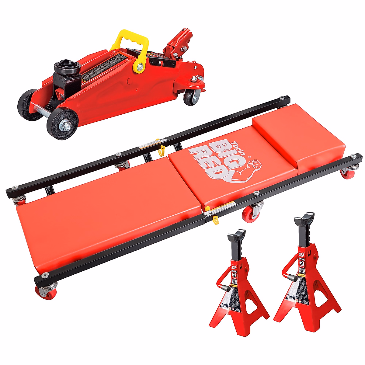 BIG RED T82040 Torin Hydraulic Trolley Floor Service/Floor Combo with 2 Jack Stands and Rolling Garage/Shop Creeper, 2 Ton (4,000 lb) Capacity, Red