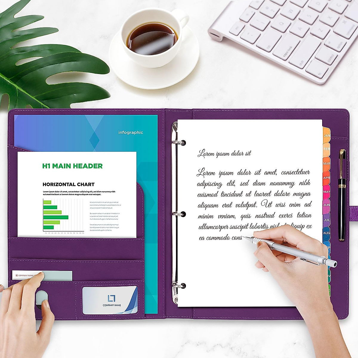 Leather Padfolio 3 Ring Binder (1 inch Round Ring) for Letter Size (11" x 8.5"), Business Portfolio Folder for Interview, Conference and Presentation, Purple