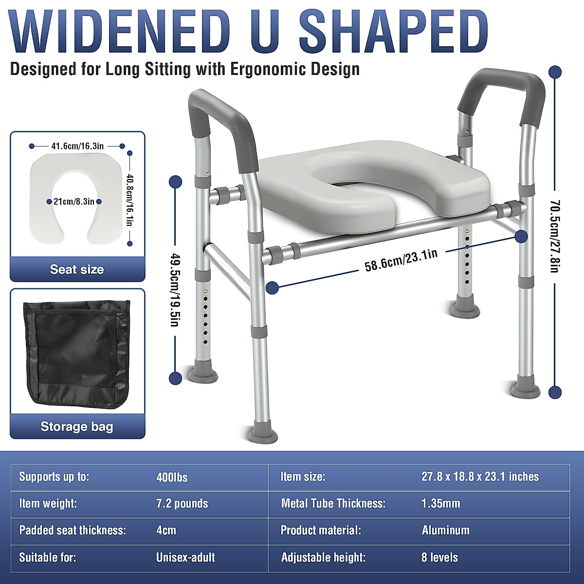 Raised Toilet Seat with Handles, Width & Height Adjustable Raised Toilet Seat, FSA/HSA Eligible 400lb Armrests & Wide Seat, Standard Raised Toilet Seat for Seniors, Pregnant, Handicap, Fit Any Toilet