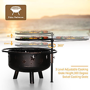 Wood Burning Fire Pit with Grill for Outside 30 Inch Outdoor Firepit with Cooking Grate Large Round Fire Pit Bowl with Poker & Spark Screen for Patio Lawn Backyard BBQ,Star & Moon Cutouts Pattern