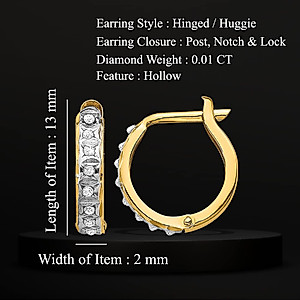 Diamond2Deal 14k Yellow Gold Diamond Hoop Earrings Fine Jewelry for Women (L-13 mm, W-2 mm)