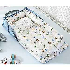 Youlvy Baby Lounger Nest, 100% Cotton Breathable co Sleeper for Baby in Bed, Portable Bag Baby Lounger for Newborn with Extended Space & Adjustable Size to 3 Years Old-Animal World Blue 4