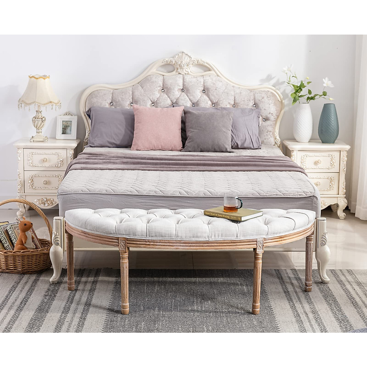 Janoray Farmhouse Upholstered Tufted Bench Wooden Half Moon Entryway Ottoman for Front Hallway Corner Window Bedroom End of Bed Living Room Coffee Table, Beige