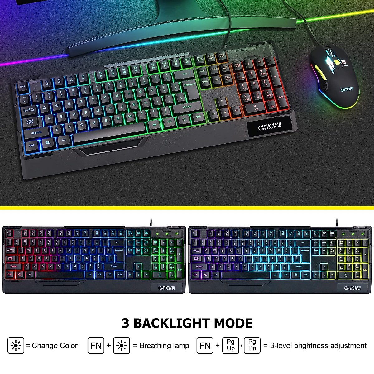Gaming Keyboard and Mouse,CHONCHOW Full Size Computer Keyboard RGB Backlit USB Wired Keyboards&Gaming Mouse 3200DPI&Mousepad 3in1 for PC Laptop Desktop PS4 Xbox