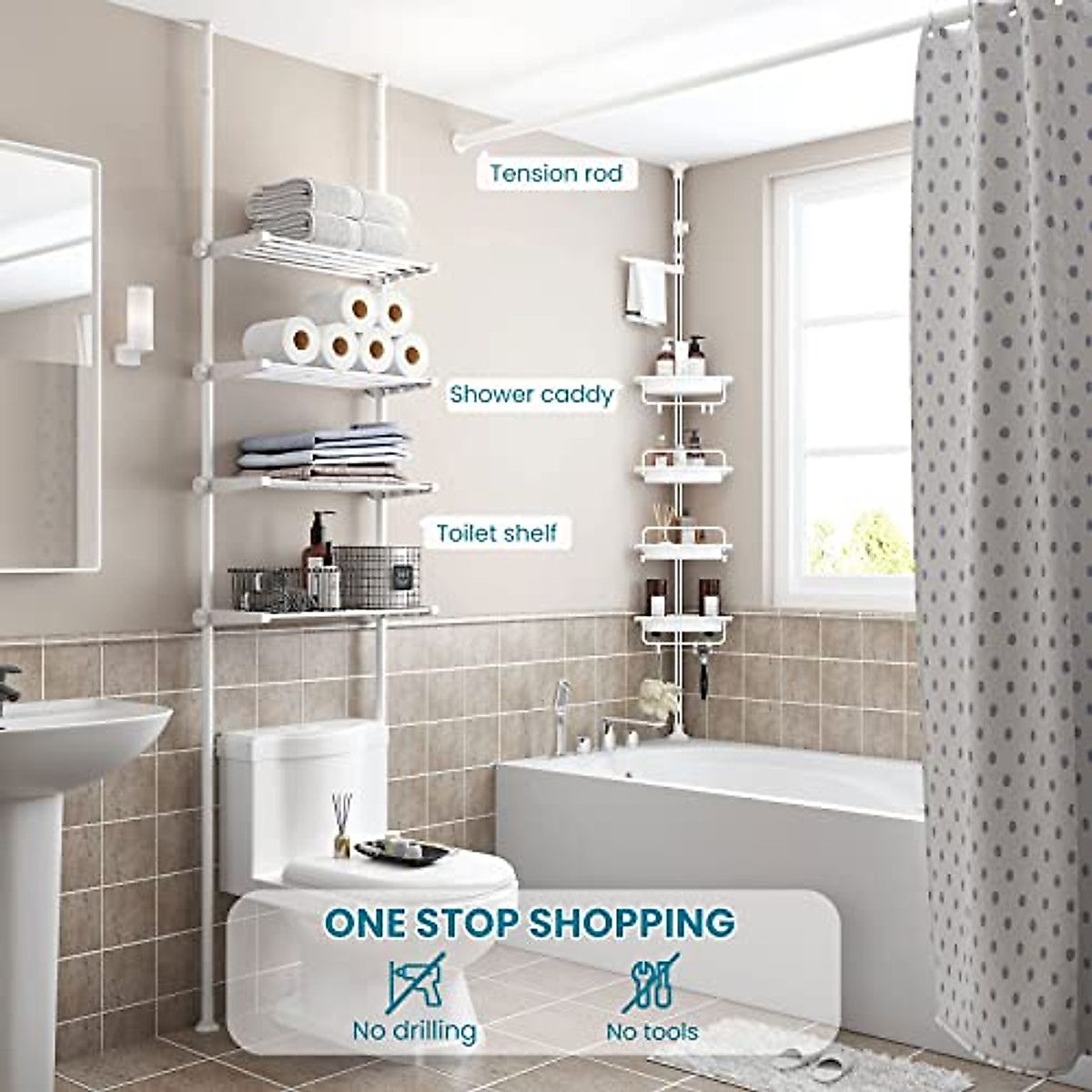 ALLZONE Bathroom Organizer, Over The Toilet Storage, 4-Tier Adjustable Shelves for Small Room, Saver Space, 92 to 116 Inch Tall, White