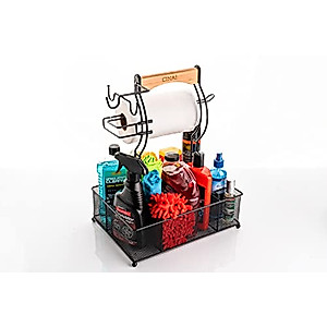 CINAI Grill Caddy, Paper Towel Holder, BBQ & Picnic Caddy, Grill Utensil Organizer, Condiment Bottles Organizer for BBQ, Cleaning Caddy, 3 Hanging Hooks, Bamboo Handle, Large, Black