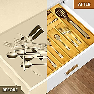 OKOMARSS Bamboo Expandable Drawer Organizer-Silverware Organizer & Kitchen Drawer Organizer and Utensil Organizer with Adjustable Cutlery Tray, Drawer Dividers for Kitchen Utensils (9 Slots) (Natural)