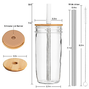 Luxfuel 24oz Wide Mouth Mason Jar Drinking Glasses with Bamboo Lids and Straws,2 Pack Reusable Glass Boba Tea Cup for Smoothie,Iced Coffee,Water,Juice, Pearl Milkshake,Dishwasher Safe, BPA Free