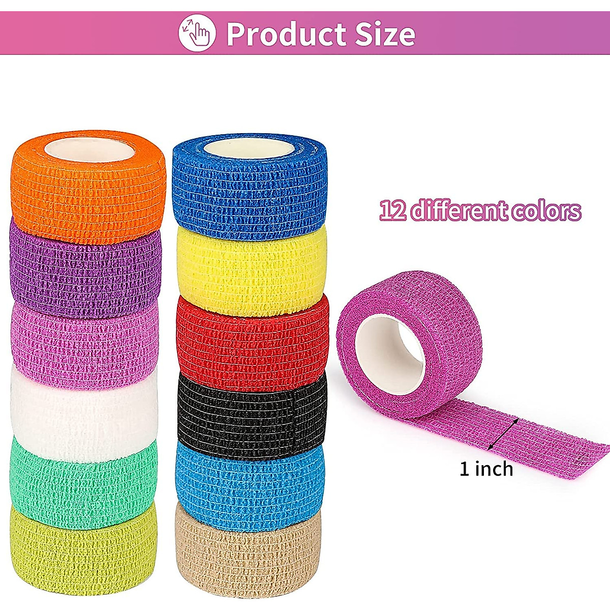 Lenicany 12Pack 1” x 5 Yards Self Adhesive Bandage Wrap, Elastic Self Breathable Self Adherent Wrap for Pets, Athletic Cohesive Bandage for First Aid, Sports Injury & Protection, 12Color