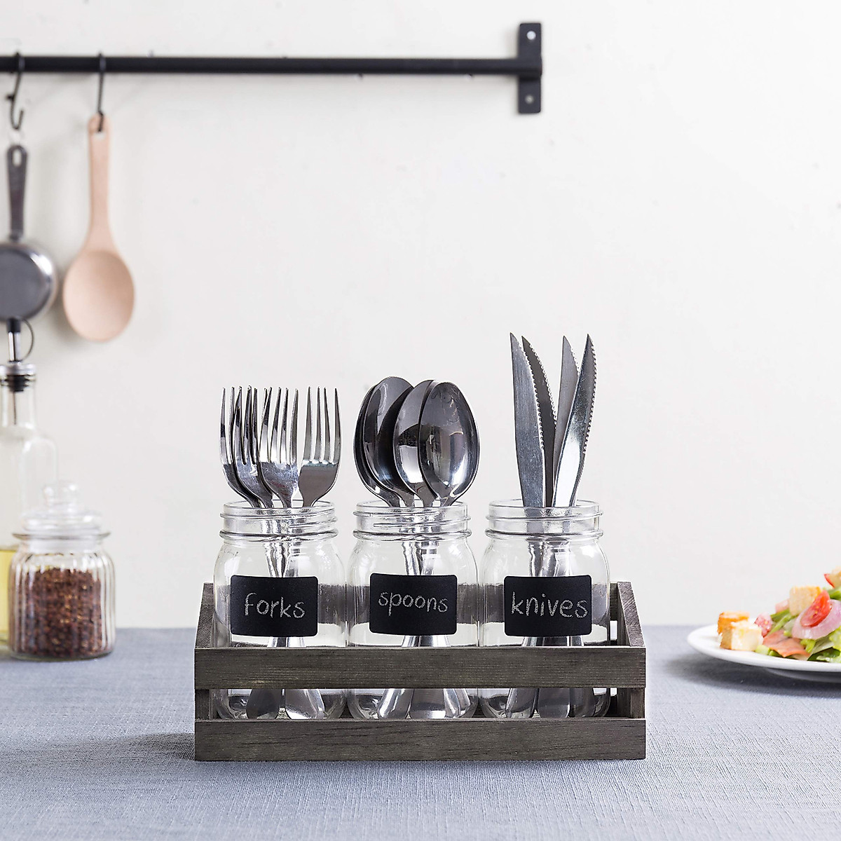 MyGift Gray Solid Wood Kitchen Countertop Flatware Utensil Holder, Casual Dining Flatware Caddy with 3 Mason Jars and Chalkboard Labels