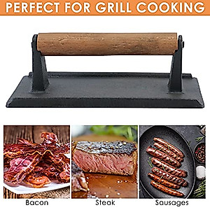 Finderomend Cast Iron Grill Bacon Press,Pre-Seasoned Coating Heavy Duty Steak and Burger Press with Wooden Handle,Steak Press for Griddles,Grills Bacon, Paninis (Dark Black)