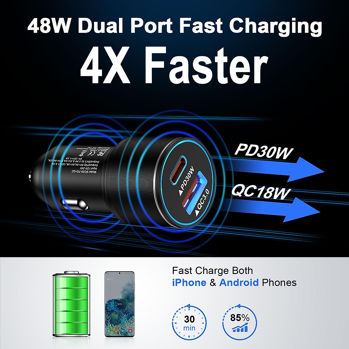 Fast Car Charger 48W USB C Car Cigarette Lighter Plug Android Phone Car Adapter C to C Type Fast Charging Cable for Google Pixel 8 7 Pro 7a 7 6,Samsung Galaxy S23 S22 S10 A14 5G A34,iPhone 15