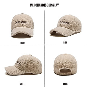 Lamb-Wool Baseball-Caps Adjustable,Teddy-Fleece Baseball Hat,Winter Hat Ponytail Hole for Women Men Outdoor Travel (Beige)