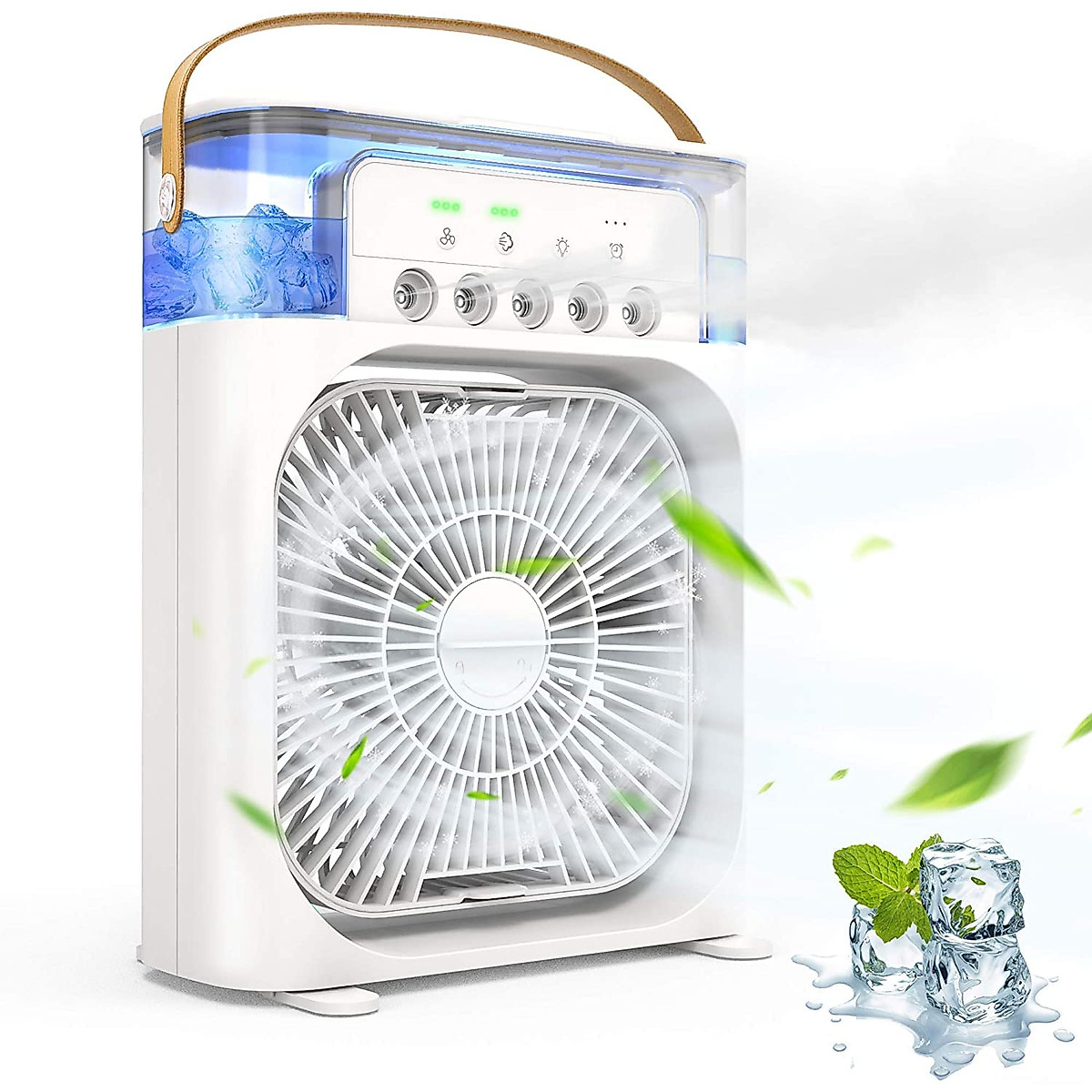 Portable Air Conditioner Fan,900ML Personal Air Conditioner with Ice Tray,5in1 Timming Evaporative Air Cooler,Cooling Fan with 7 Colors Light, 5 Sprays,3 Speeds,Ac Fan for Small Room,Office,Car,Camp (White)