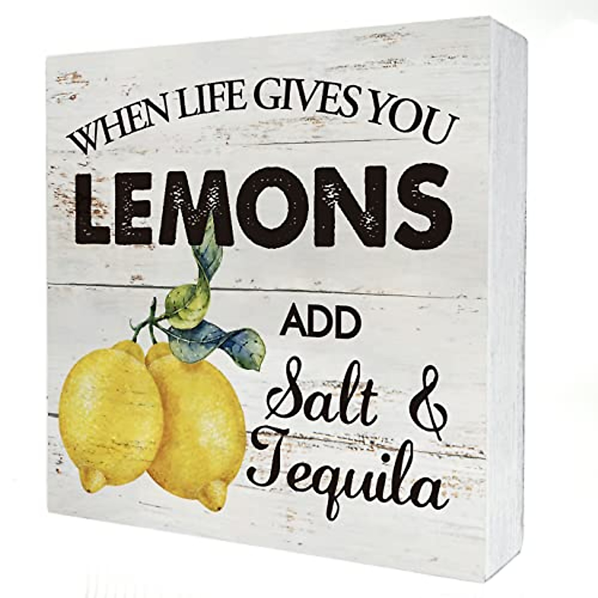 When Life Gives You Lemons Wooden Box Sign Desk Decor Rustic Lemon Wood Block Plaque Box Sign for Home Living Room Office Shelf Table Decoration (5 X 5 Inch)