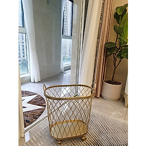 Clothes Storage Basket, Laundry Basket with Wheels, Round Mesh Wrought Iron Toy Storage Box- Home Bathroom Laundry Basket, Laundry Basket, for Clothes, Toy Storage, Dirty Clothes Storage Box (Gold)
