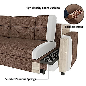 Ucloveria Reversible Sectional Sofa Couch, 82" Sleeper Sofa Bed with Storage Chaise Pull Out Couch Bed for Living Room L-Shape Lounge 2 in 1 Sectional Couch with Cup Holder, Yellow Brown