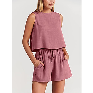 ANRABESS Women’s Summer 2PC Outfits Shorts Sets Sleeveless Crop Top Romper Lounge Matching Set Workout Tracksuit Set Beach Vacation Boho Clothes 806shenfen-L, Pink