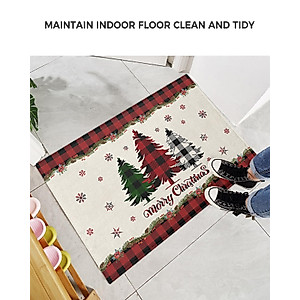 Indoor Doormat Xmas Tree Winter Snow,Shaggy Floor Mat with Non-Skid Backing Pine Cones Red Black Buffalo Check,Machine Washable Plush Area Rug Carpets for Kitchen Nursery Bedroom 16x24in