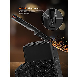 FOHERE Knife Set with Block 13 Pieces Stainless Steel Knife Sets for Kitchen with Built-in Sharpener Sharp Kitchen Knife Block Set with Granite Pattern, Anti-slip Handle Rust Resistant, Black