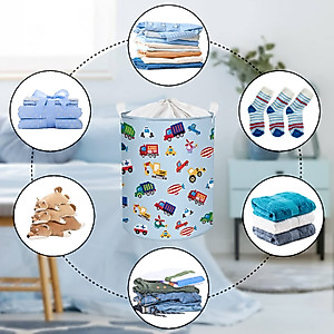 Clastyle 45L Cartoon Car Nursery Laundry Basket Blue Drawstring Collapsible Laundry Hamper with Handle Waterproof Toys Storage Basket for Kids Room, 14 * 17.7 in